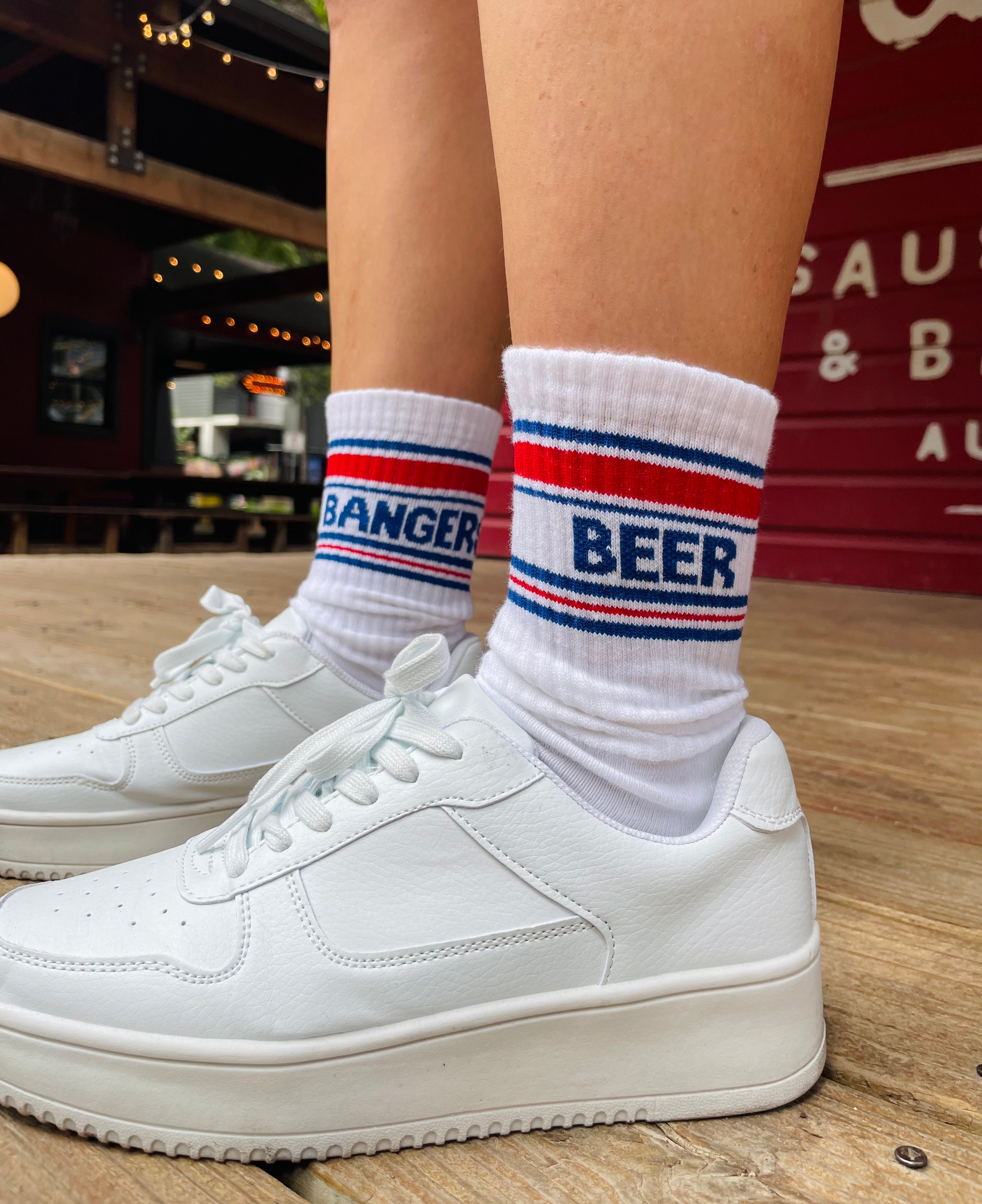 BANGER'S & BEER CREW SOCKS (red white & blue) – Banger's Sausage House ...